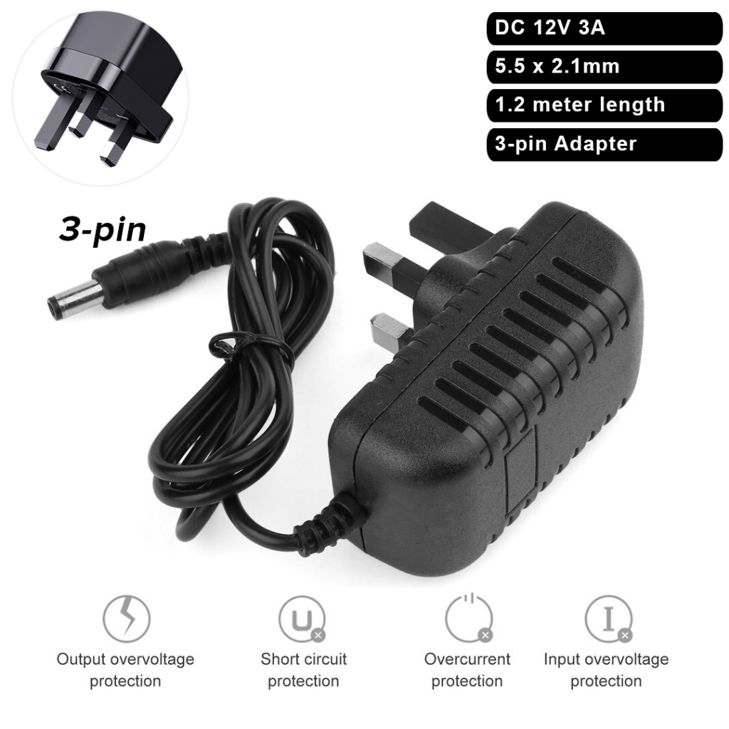 AC DC 12V 3A Power Adapter 3-Pin Plug for NVR Base Unit (5.5x2.1mm ...