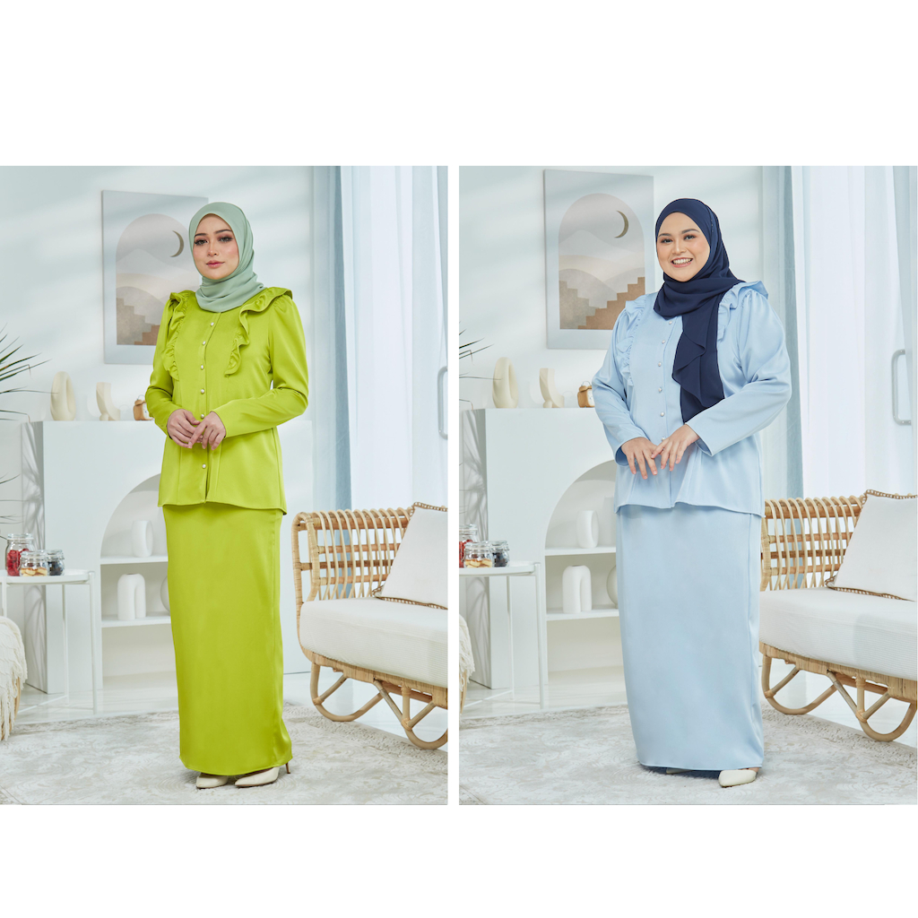 Amadi Ruffle Satin Kurung Set - Light Blue, Lime, Plus size ada ...