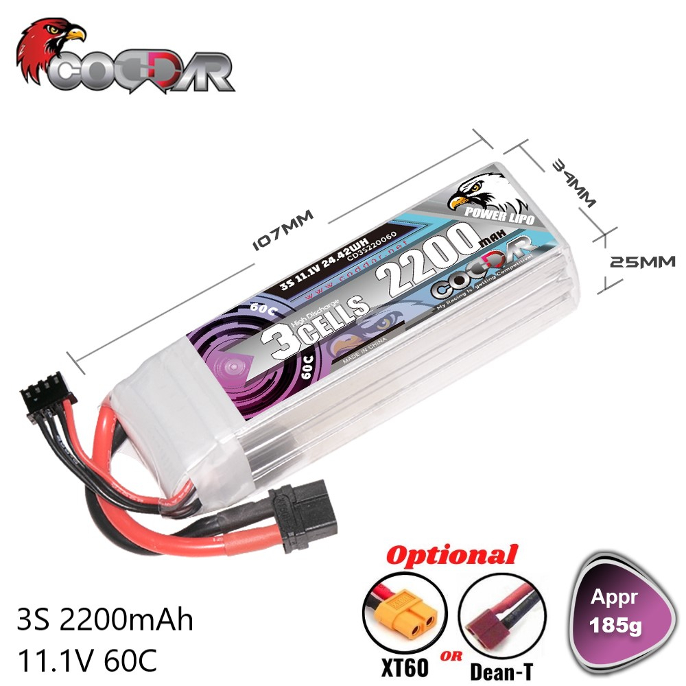 Coddar Battery 11.1V 2200mAh 60C 3S Lipo Battery For RC Car Truck Buggy ...
