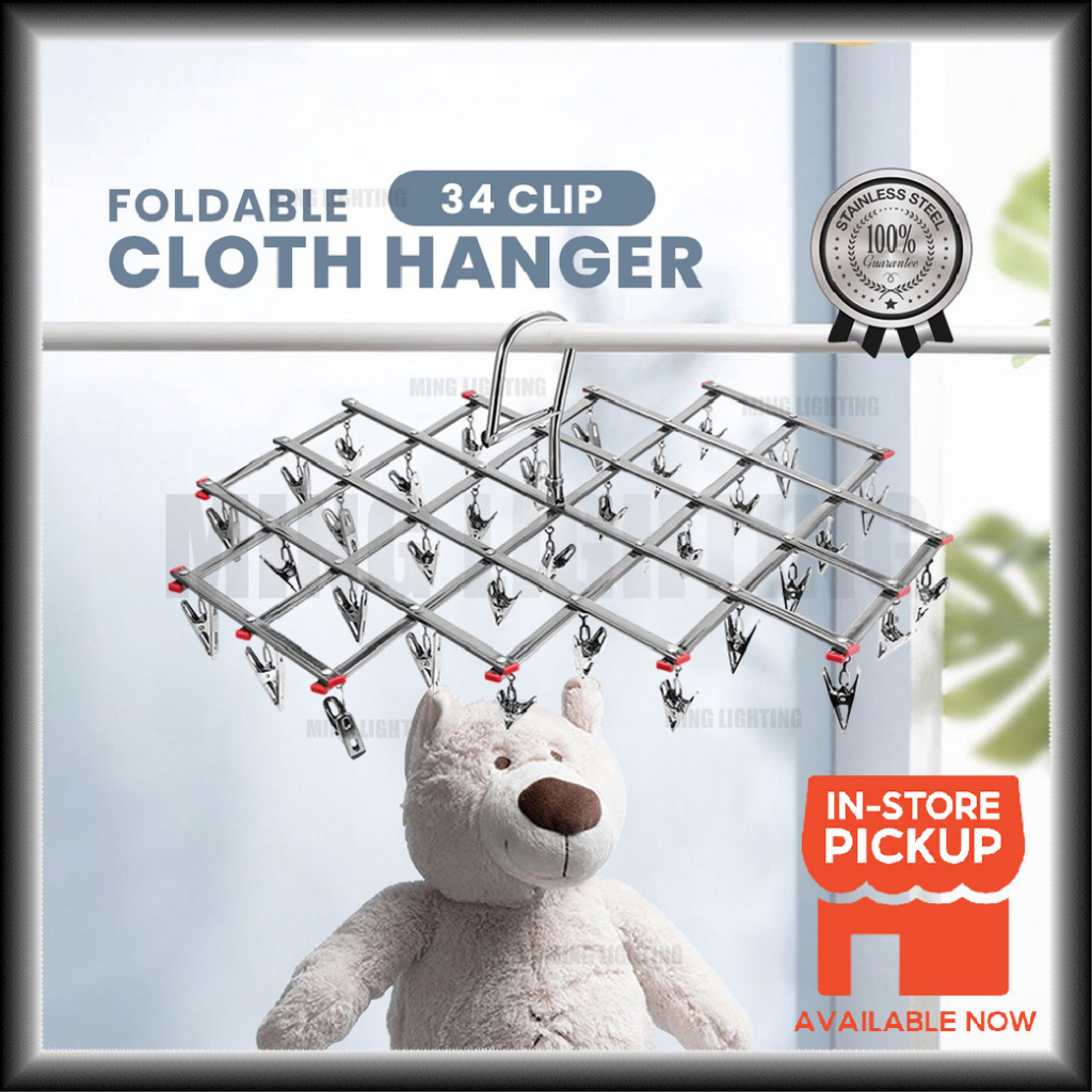 Stainless Steel Foldable Hanger 34 Clips Hangers Clothes Clip Storage ...