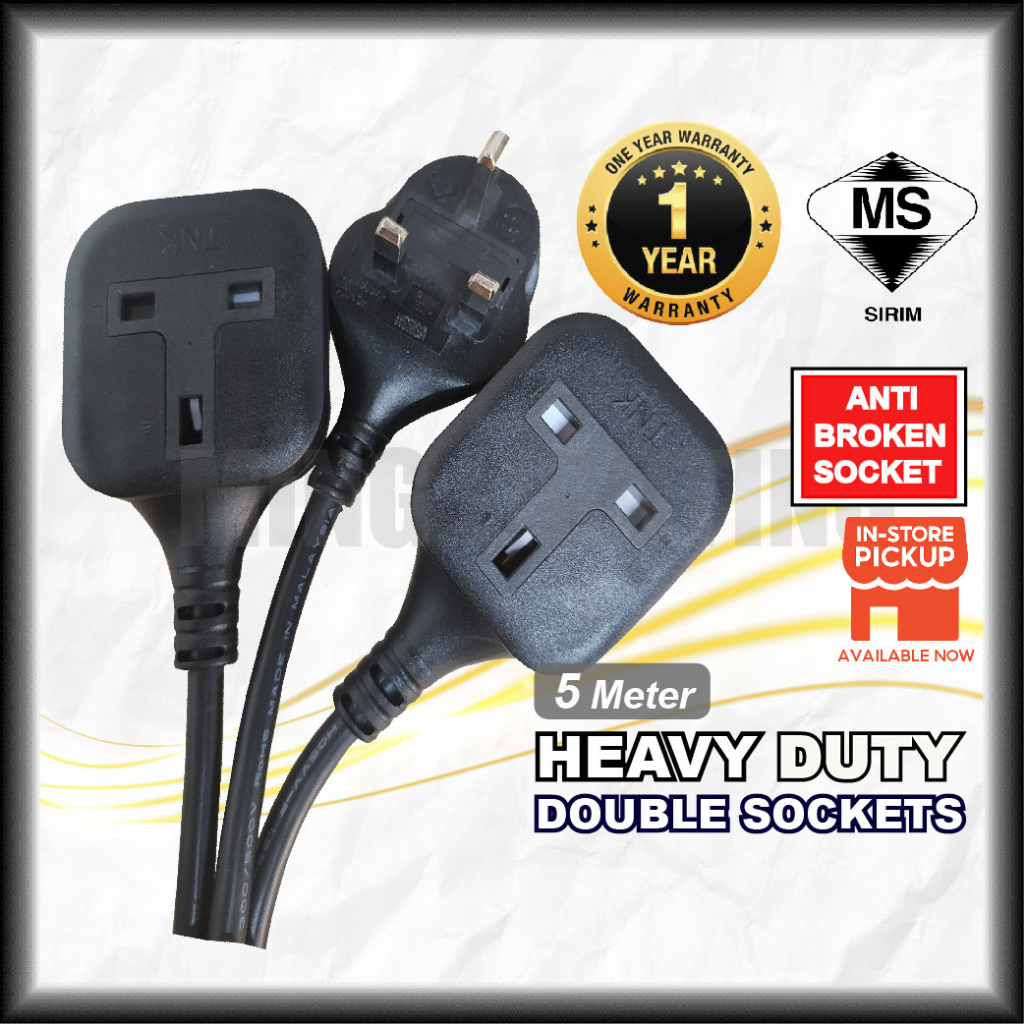 (Sirim) 5M 13A Double Socket Extension Heavy Duty 3 Pin Plug 2 Gang ...