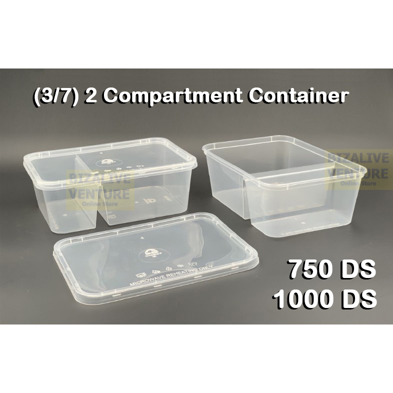 (3/7) 2 Compartment Rectangular Plastic Disposable Food Container ...