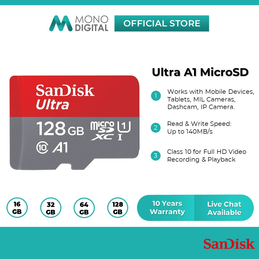 SanDisk Ultra A1 MicroSD Memory Card 140MB/s Class 10 for Phone, Dashcam, IP Cam, Tablets (16GB ...