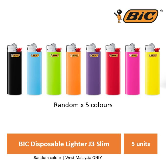 BIC Disposable Lighter J3 Slim x 5 units (RANDOM colors and designs of ...