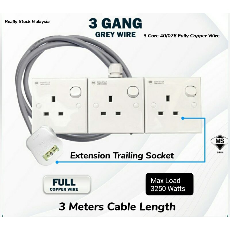 3 Gang Heavy Duty 3 Meters Heavy Duty Extension Trailing Socket ...