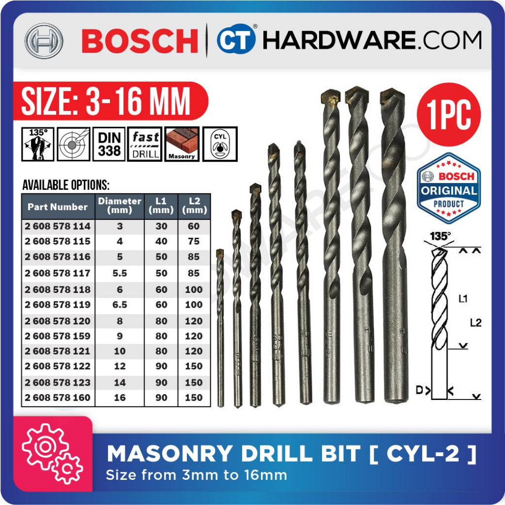 BOSCH MASONRY CYL-2 STRAIGHT SHANK DRILL BIT SIZE 3 TO 16 MM - 1PC ...