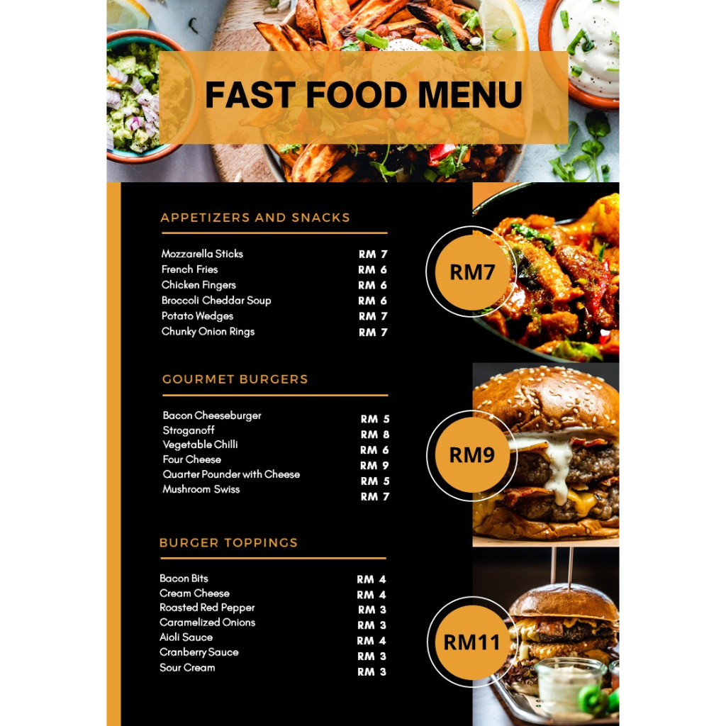 MENU LIST TEMPLATE [EDITABLE] Black & Orange Creative Modern Fast Food ...