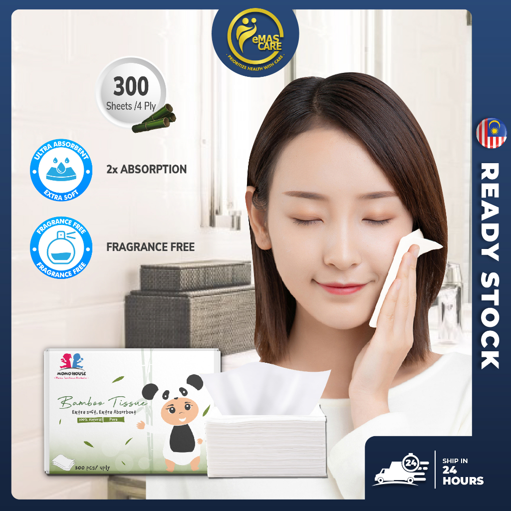Bamboo Tissue Soft Facial Tisu Paper 75 Pulls x 4 Ply = 300pcs Per Pack ...