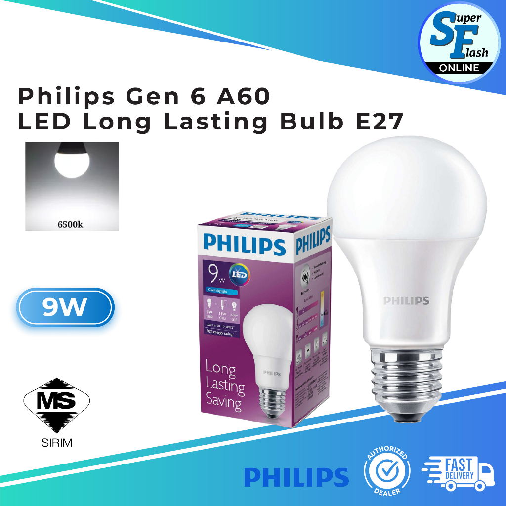 Philips E27 Gen 6 9W Long Lasting LED Light Bulb (6500K Daylight ...