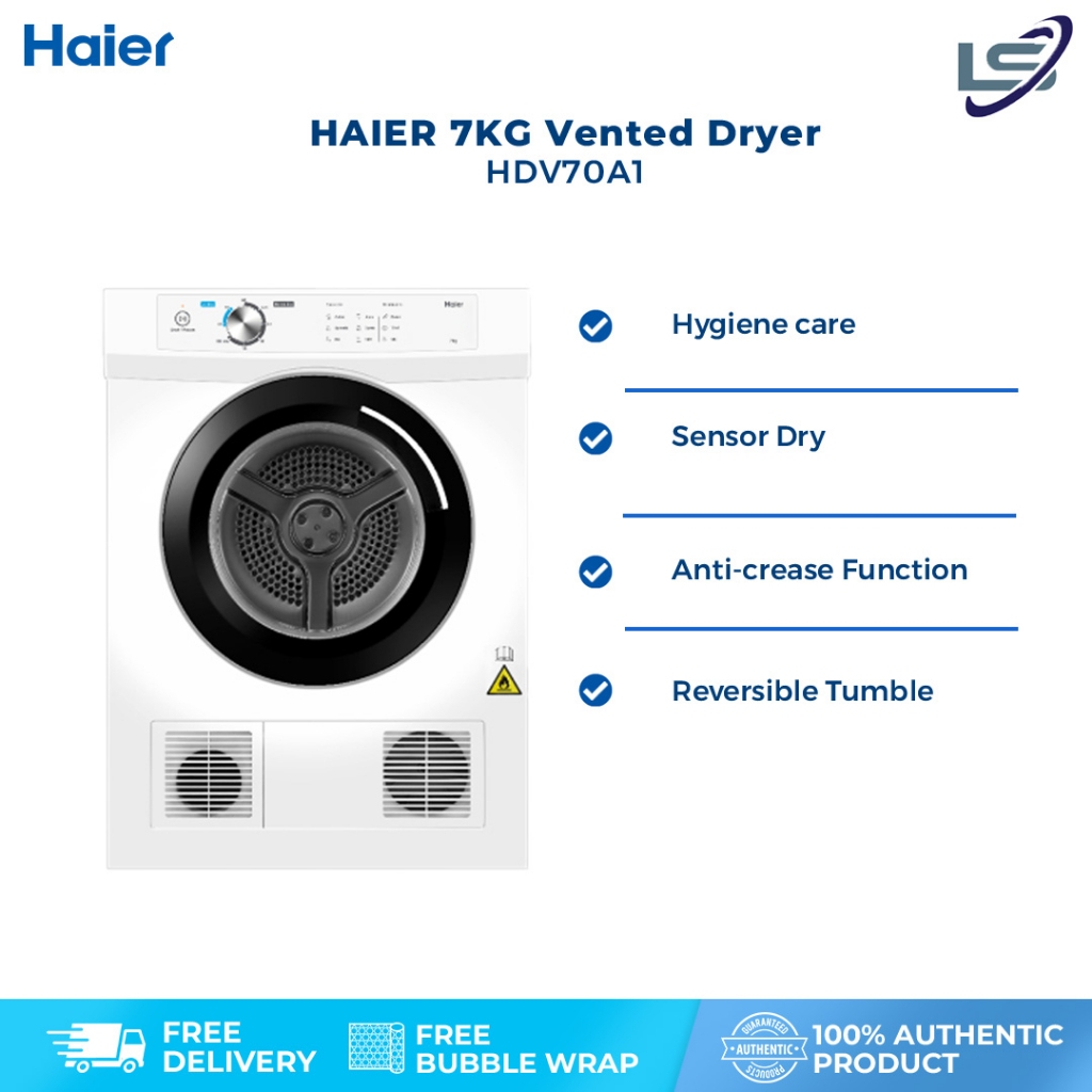 HAIER 7KG Vented Dryer HDV70A1 | Hygiene Care | Sensor Dry | Anti ...