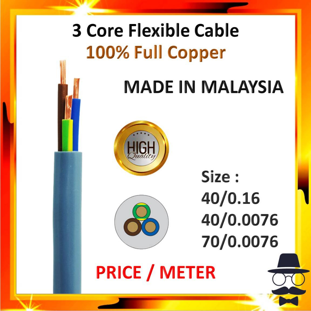 1 Meter 100% Pure Copper 3 Core Flexible Cable (Grey) / Kabel Wayar 3 ...