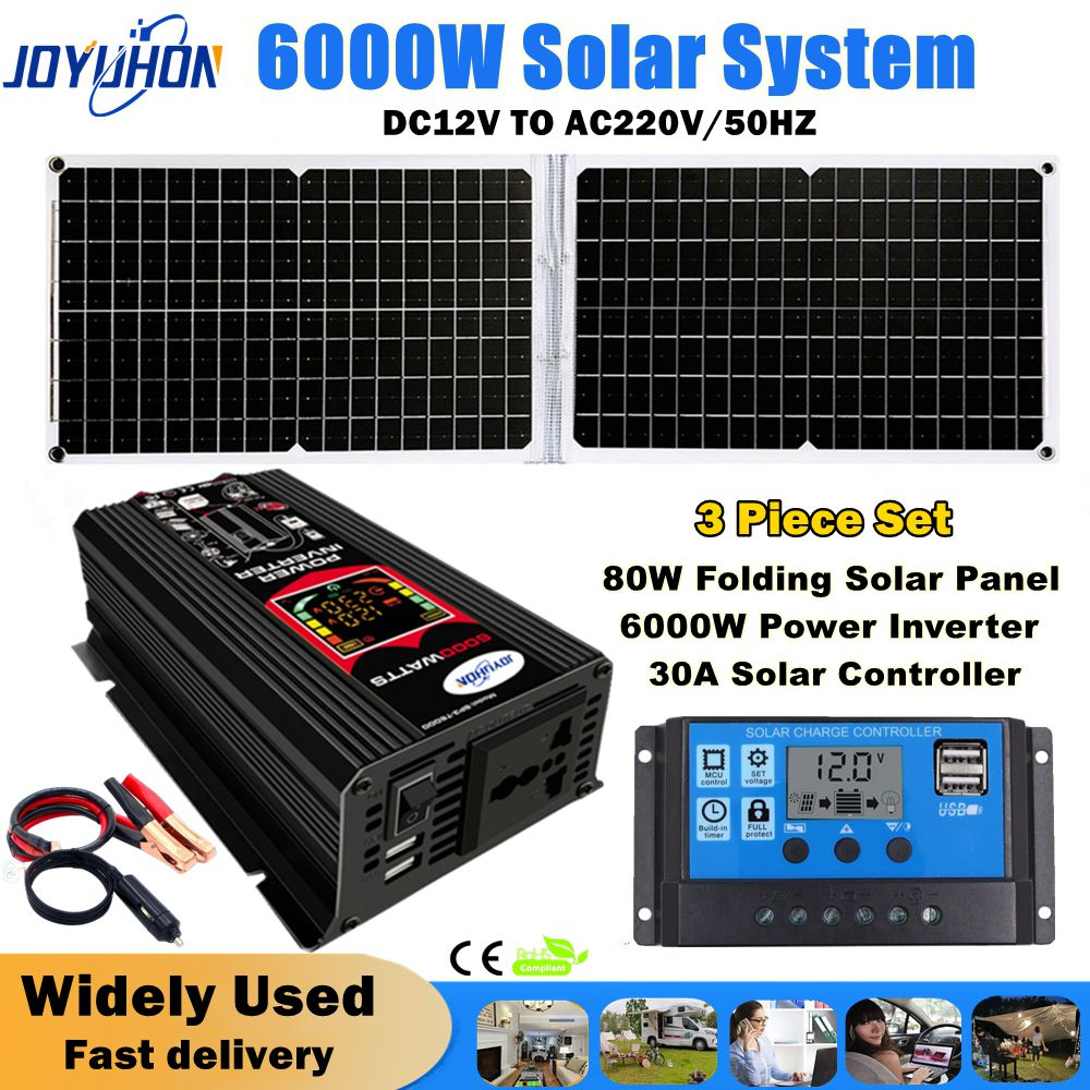 JOYUHON Solar Panel System DC12V TO AC220V 80W Solar Panel 6000W Power Inverter 30A Solar ...