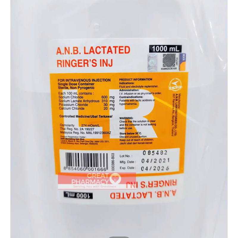 Lactated Ringer’s Inj A.N.B. 1000ml exp 11/2028 | Shopee Malaysia