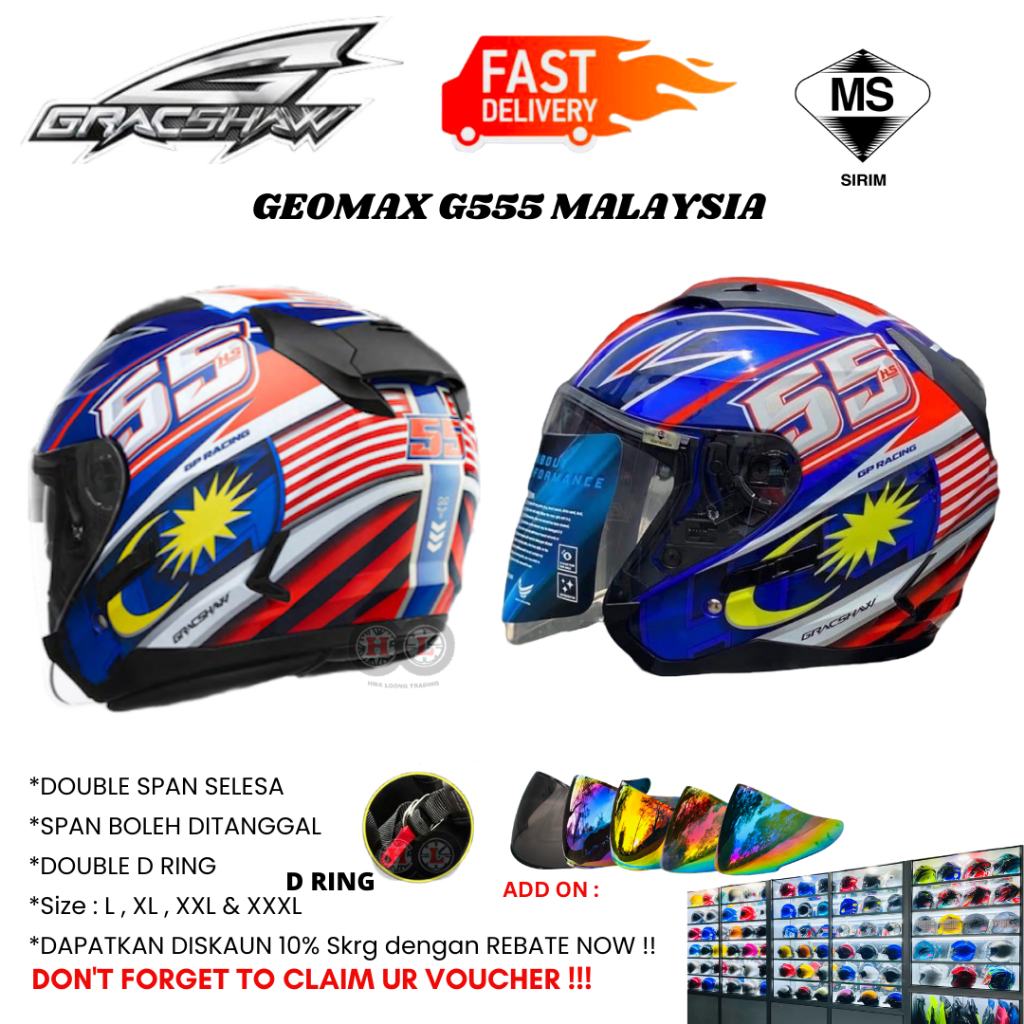 GRACSHAW GEOMAX G555 MALAYSIA HELMET DOUBLE VISOR (GRACSHAW HELMET ...