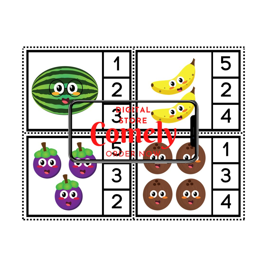 PRESCHOOL WOKSHEET [EDITABLE] Fun Math Fruits Counting 1-20 Clip Cards ...
