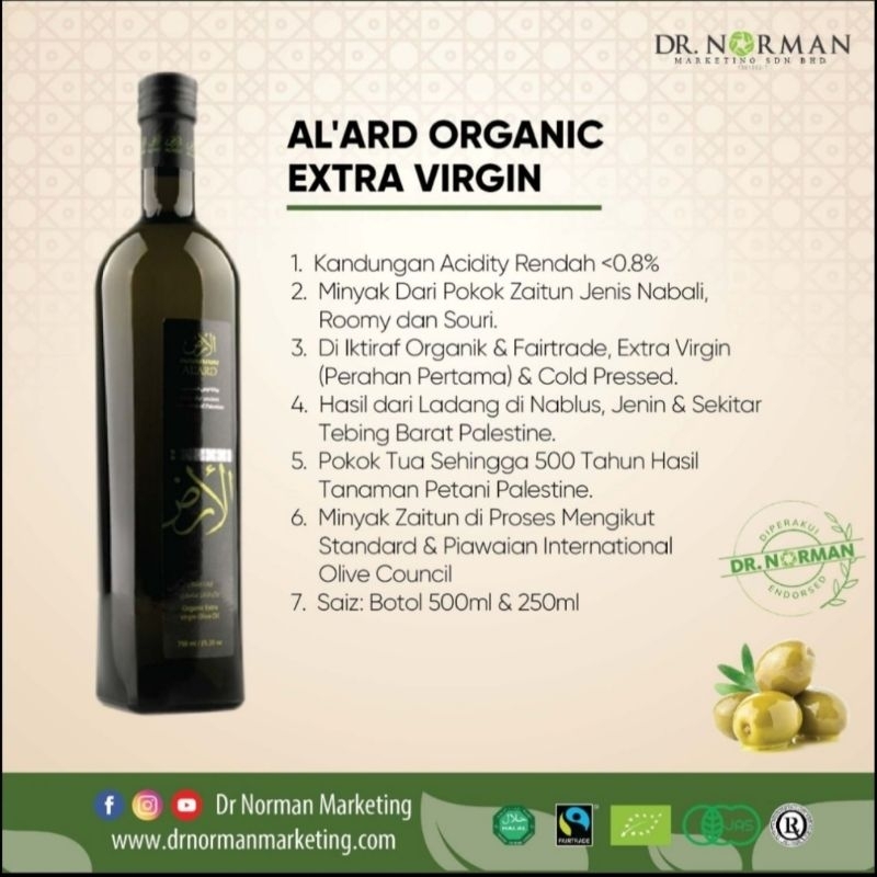 Alard AL' ARD Palestine organik extra virgin oil 250 ml | Shopee Malaysia