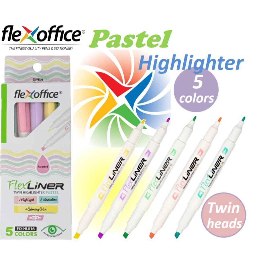 FlexOffice Flexliner Highlighter Pastel Hiliter Twin Head Text marker 5 colors Set FO-HL016 ...