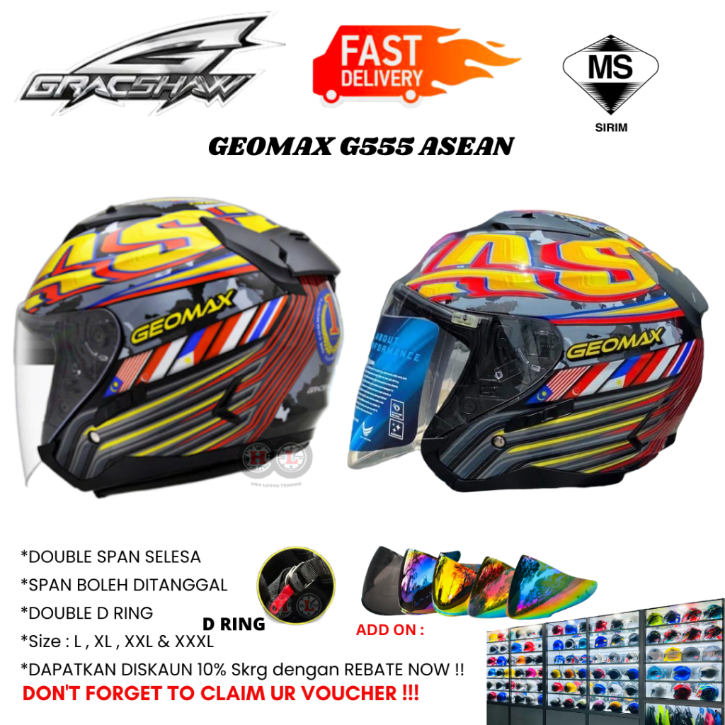 GRACSHAW GEOMAX G555 ASEAN HELMET DOUBLE VISOR (GRACSHAW HELMET GEOMAX ...