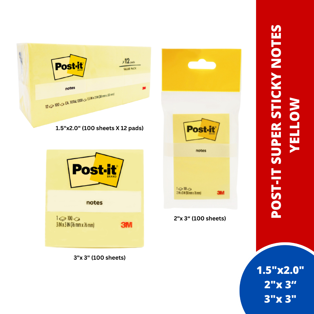 Post-it Notes Yellow (1.5"x2.0" 12 pads | 2"x 3“ | 3"x 3") (100 sheets ...