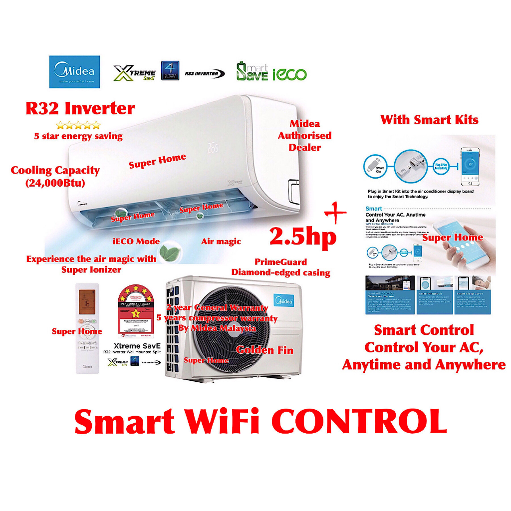 Midea 2.5hp Inverter Aircond MSXS-25CRDN8 ((Smart Control)) Midea Xtreme Save R32 Inverter Super ...