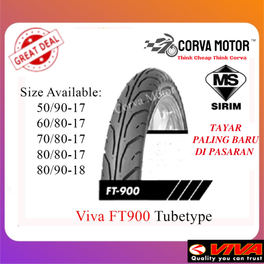 Corva Motor Viva Ft900 Tube Type Tyre Bunga Tajam Tayar Tiub Viva 50/90 ...