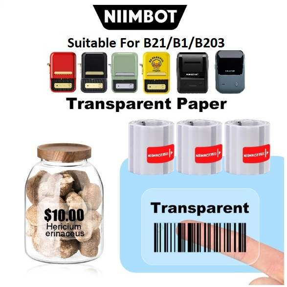 Niimbot B21 /B1/B203 Label Sticker Paper Roll Jing Chen for B21 Label Printer - Transparent ...