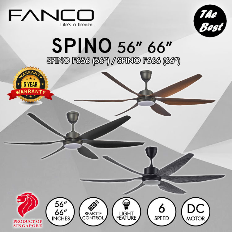 FANCO SPINO 56 / 66 Inches DC Motor 3C Light 6 Blade Remote Control ...