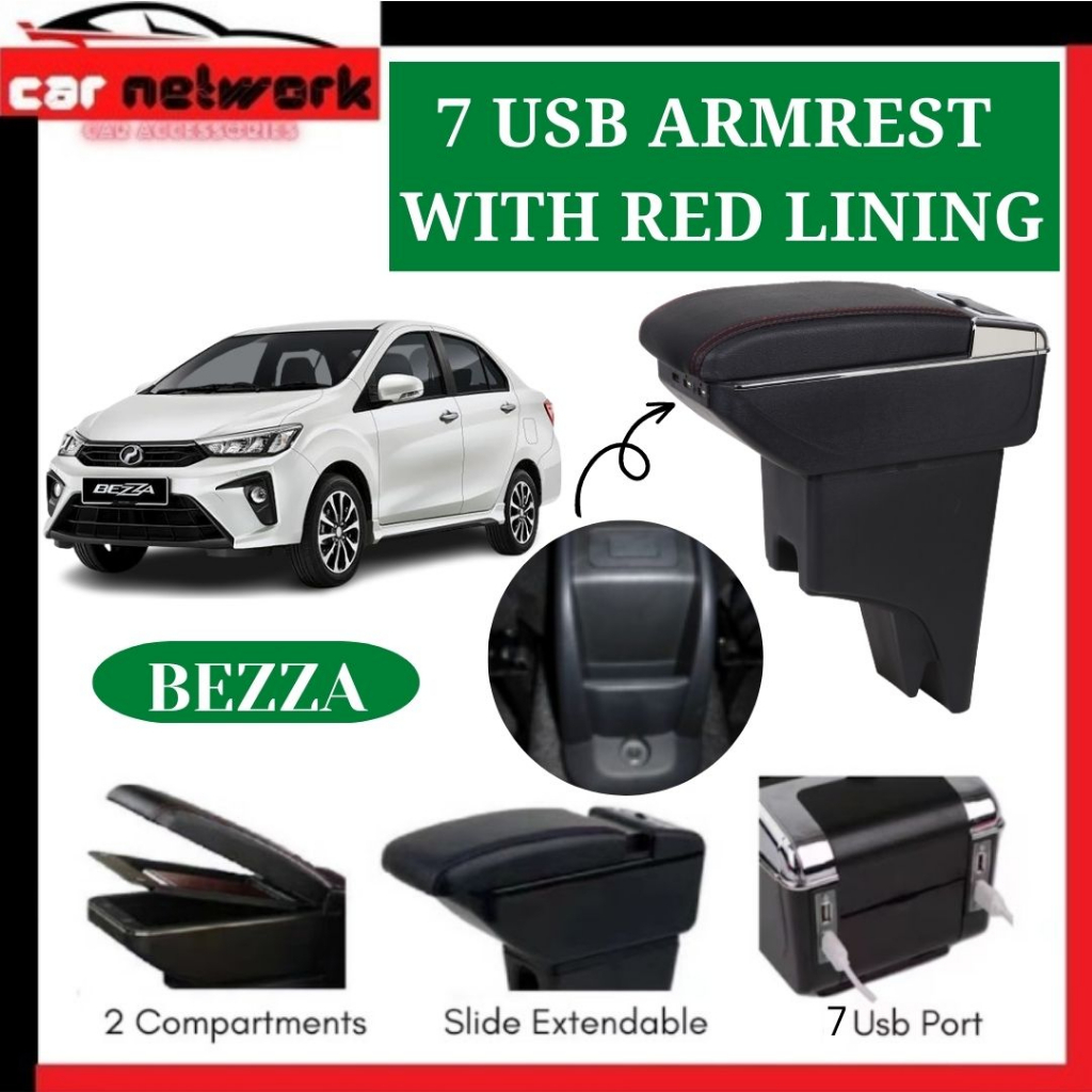 PERODUA BEZZA ARMREST ADJUSTABLE 7 CHARGING USB PORT WITH RED LINE ...