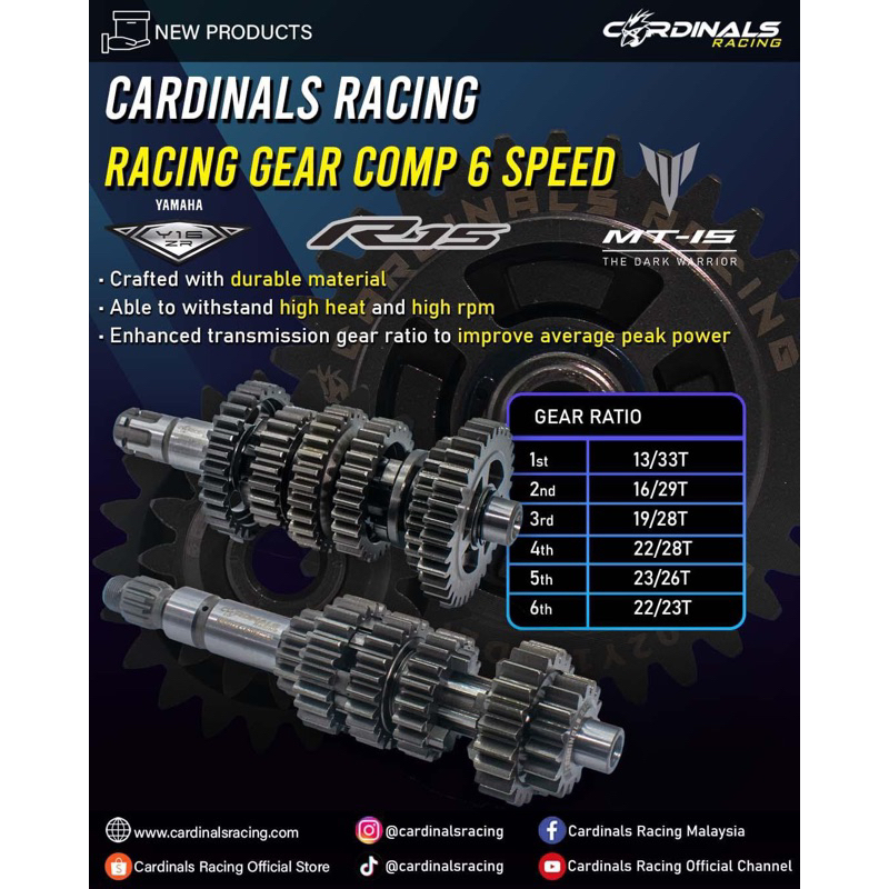CARDINALS RACING GEAR BOX COMPLETE 6 SPEED - YAMAHA Y16ZR MT15 R15 ...