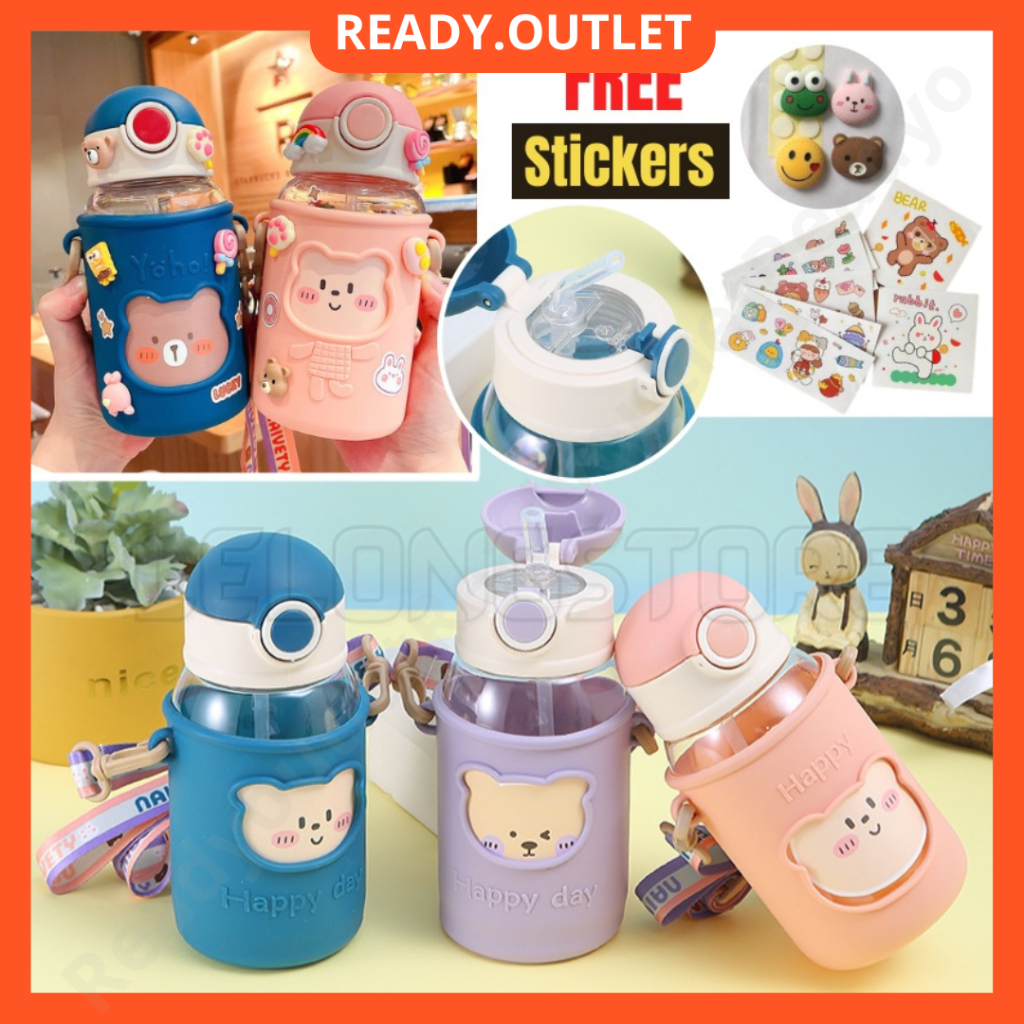 FREE 2 STICKERS 600ml Kids Bottle With Shoulder Strap Straw Drinking ...