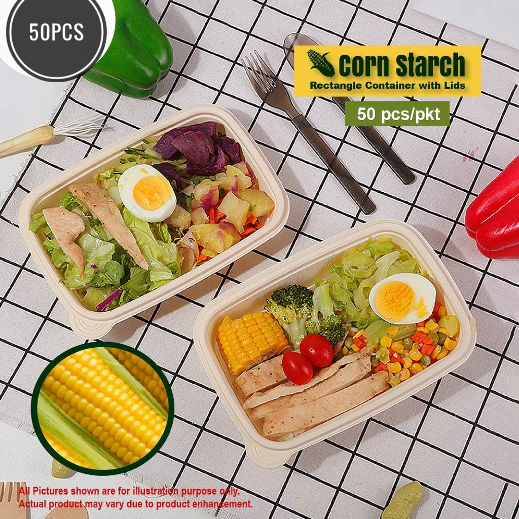 [Ready Stock] 50pcs Corn Starch Degradable Lunch Box Disposable Packing ...