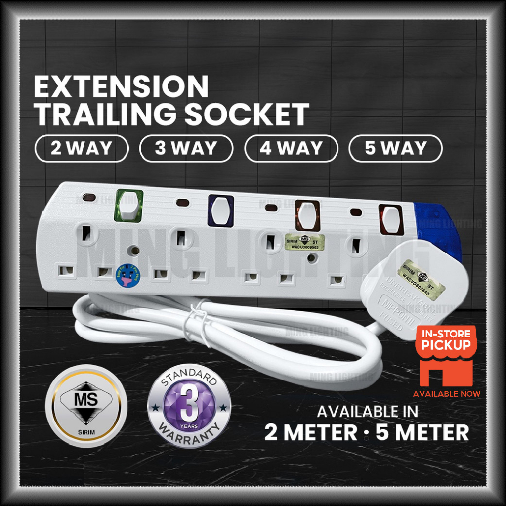 (SIRIM) 2M 5M Extension Plug 3 Way Universal Plug Adapter w Neon Light ...