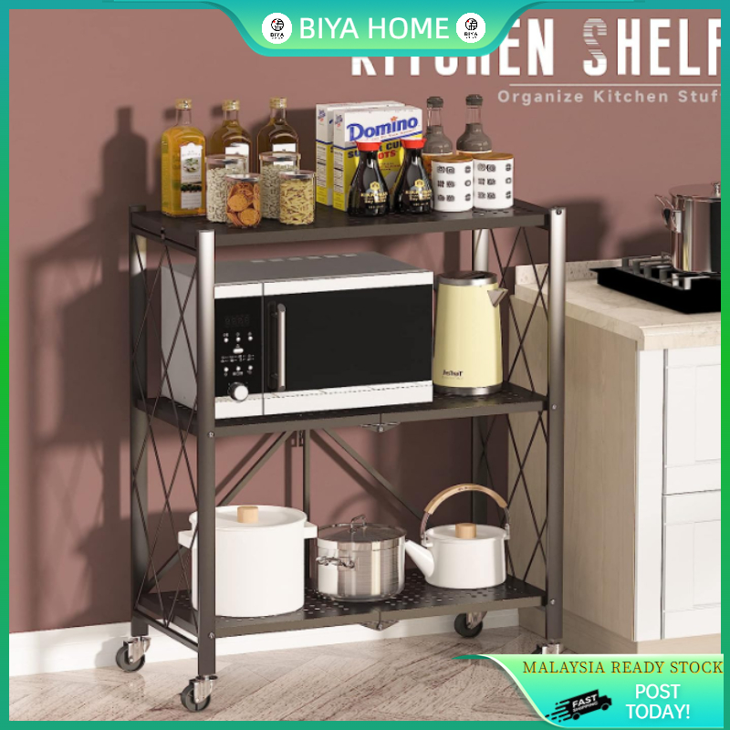 3/4 Tier Foldable Storage Rack Kitchen Rack With Wheel Microwave Rack ...