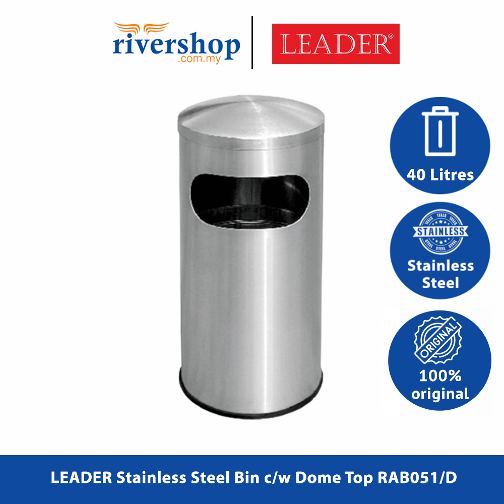 LEADER 40L Stainless Steel Bin Dome Top RAB051/D Garbage Wastebin ...