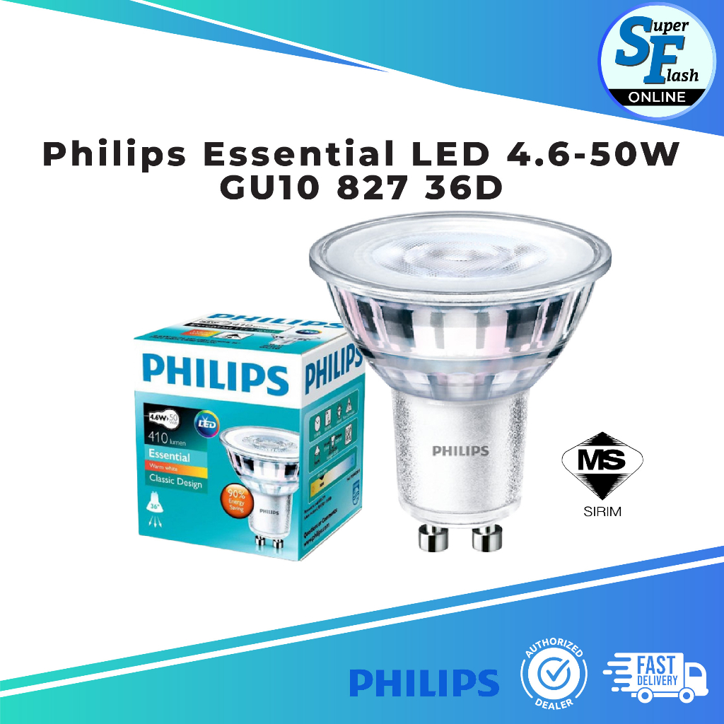 Philips Glass Light Bulb 4.6W/50W GU10 Essential LED Spot (Warm White 2700K/3000K) | Shopee Malaysia