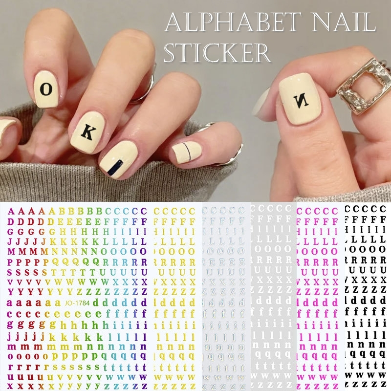 English Alphabet Nail Art Sticker ABC Gold Silver Black White Rainbow ...