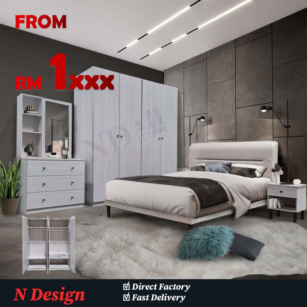 [N Design] Bedroom Set / 4 Doors Wardrobe / Bedframe Queen/ Bedside ...