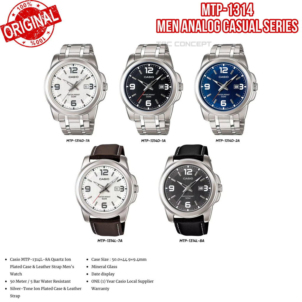 MEN WATCH Casio MTP-1314D / MTP-1314L Analog Date Display Water Resist Luminous ORIGINAL 1 YEAR ...
