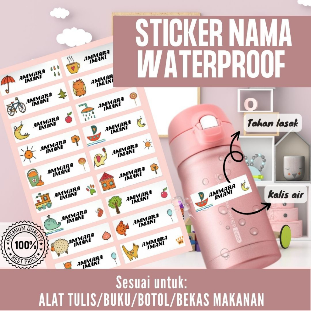 Waterproof Name Sticker / Colourful Name Sticker / Sticker Nama Kartun ...