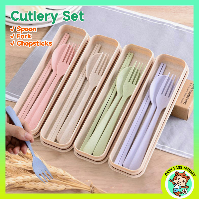 3 In 1 Wheat Straw Cutlery Set Spoon Fork Chopstick For Weeding Party ...