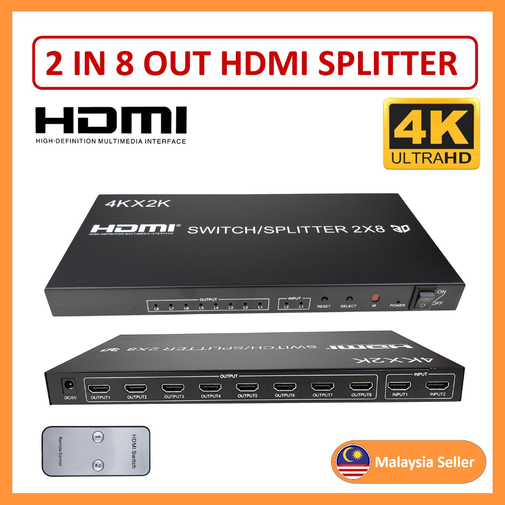 **HIGH QUALITY** 2 IN 8 OUT 4K X 2K HDMI SWITCH AND SPLITTER WITH ...