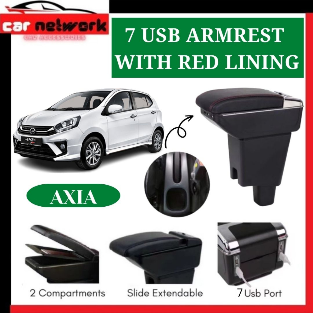 PERODUA AXIA 2014-2022 ARMREST ADJUSTABLE 7 CHARGING USB PORT WITH RED ...