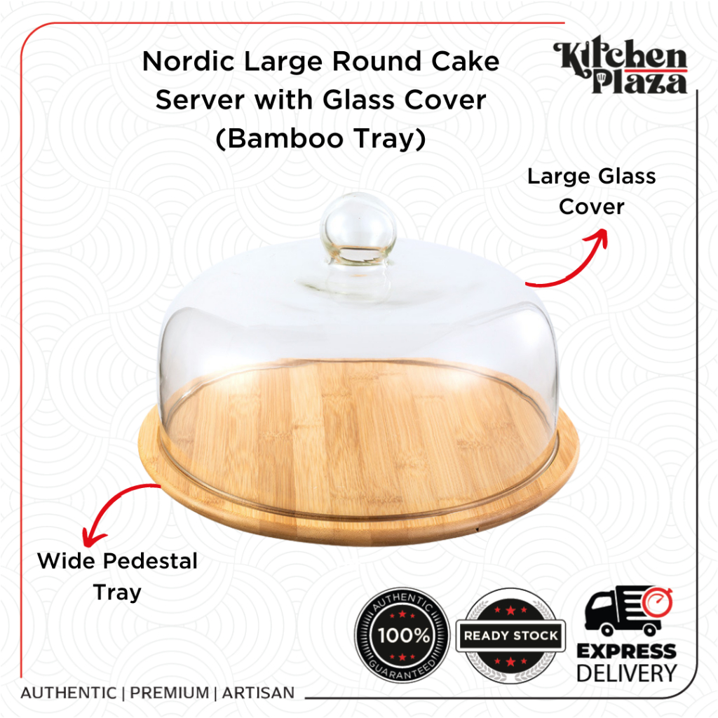 Nordic Large Round Cake Server with Glass Cover (Bamboo Tray) / Dome ...