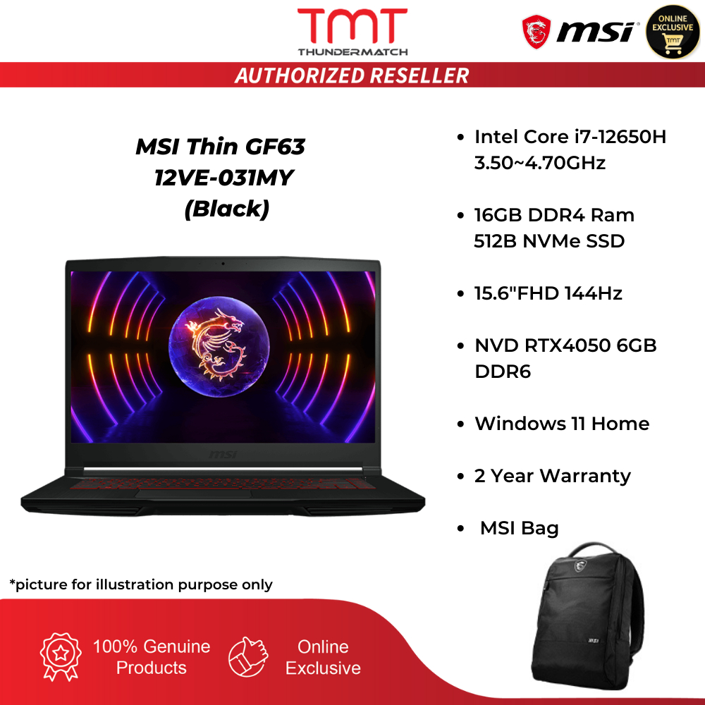 MSI Thin GF63 12VE-031MY Gaming Laptop(Black) | i7-12650H | 16GB RAM ...