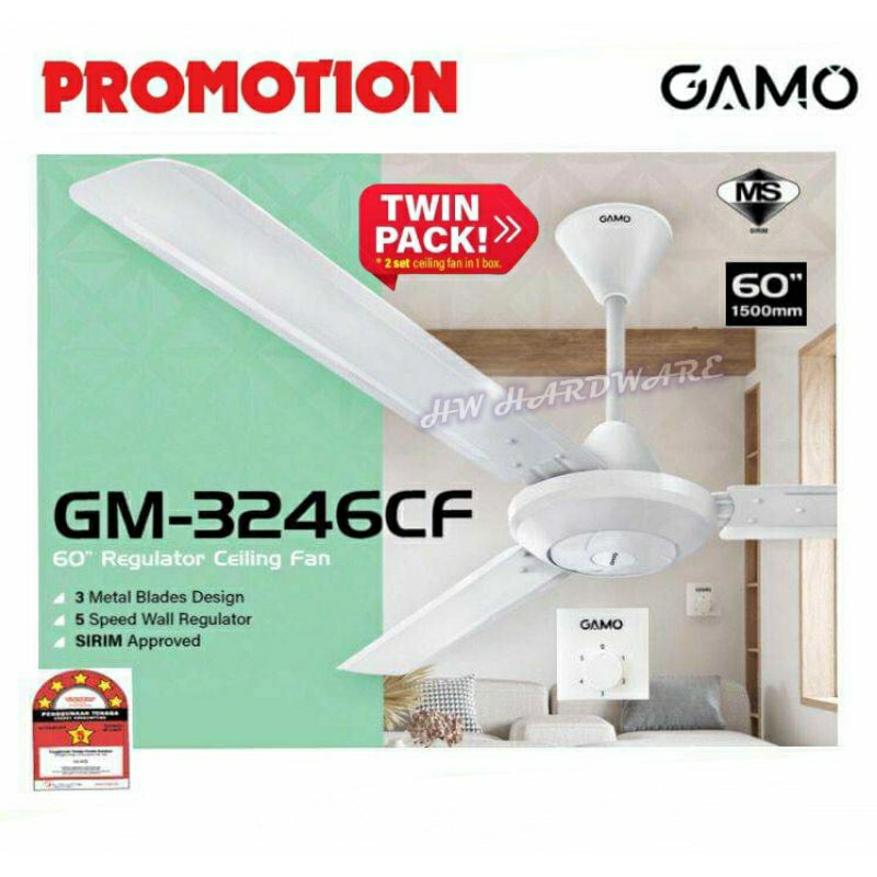 [100% ORIGINAL] GAMO White/ Dark Brown 60’’ 3 Blades Regulator Ceiling ...