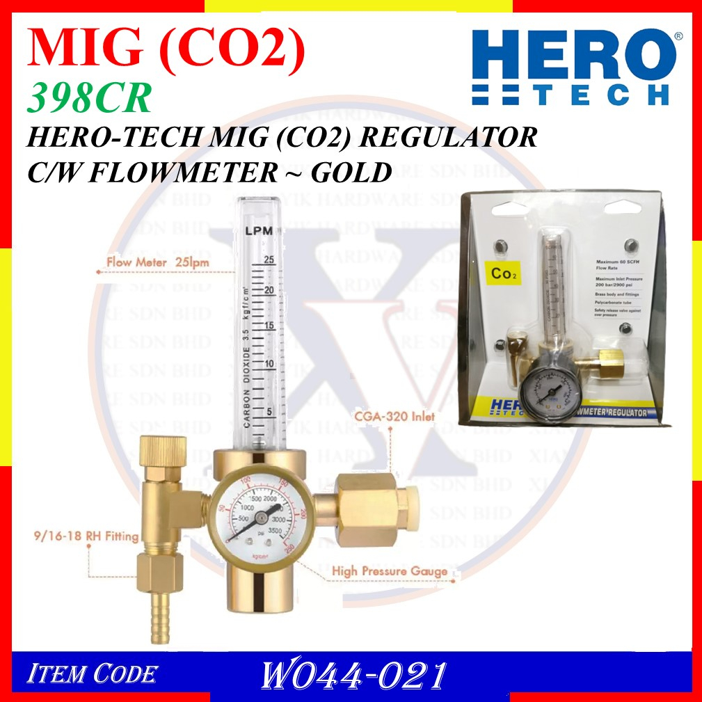 W044-021 398CR (CO2) HERO-TECH MIG GAS REGULATOR WITH FLOWMETER | GOLD ...
