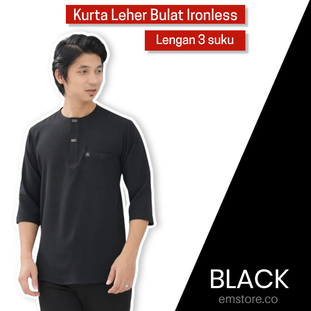 Kurta Black Ironless Lengan 3 Suku Kurta Lelaki Kurta Slim fit Kurta ...