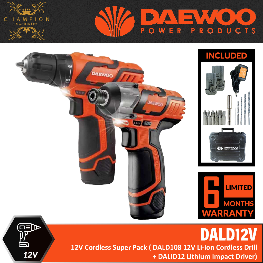 DAEWOO DALD12V 12V Cordless Super Pack ( DALD108 12V Li-ion Cordless Drill + DALID12 Lithium ...