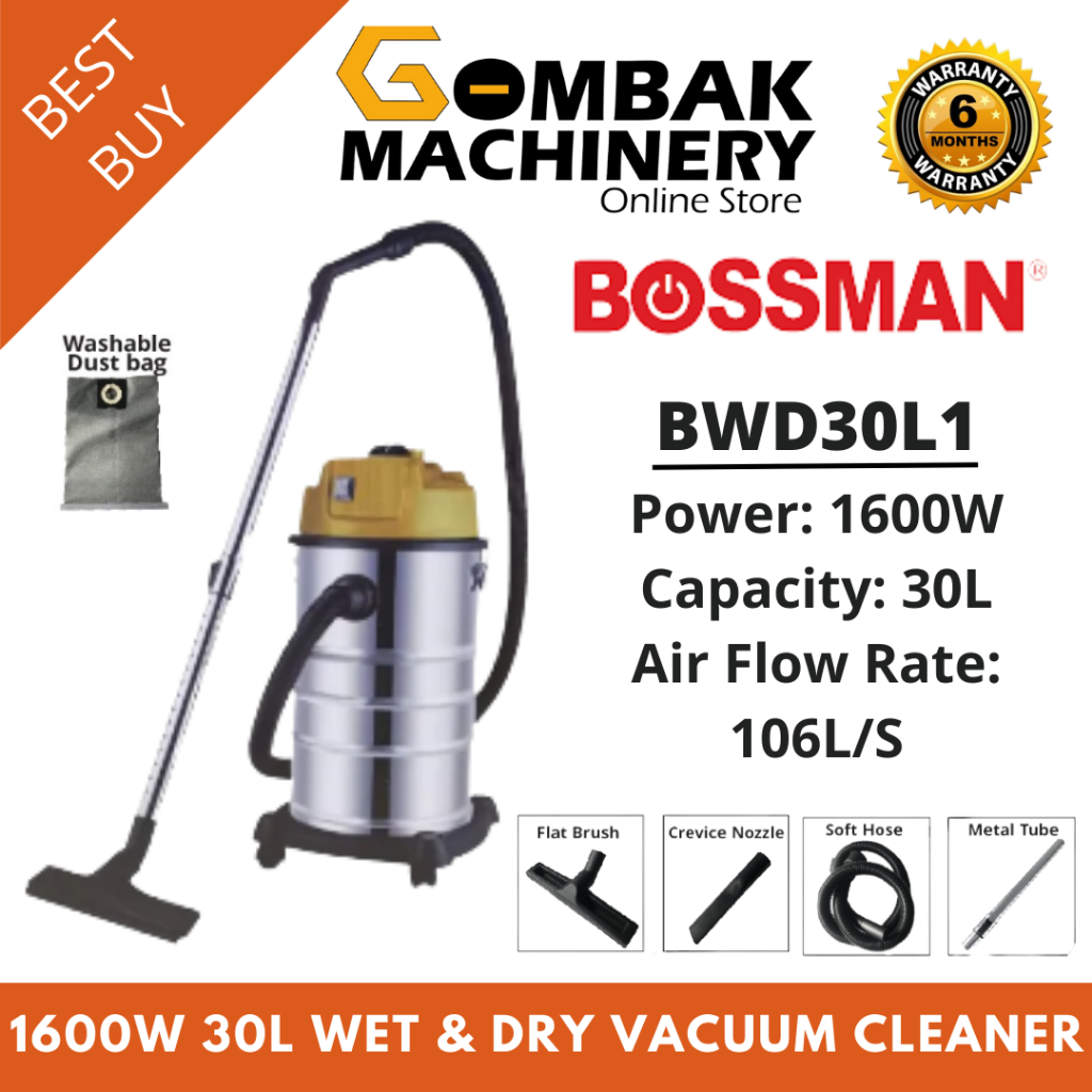 BOSSMAN BWD30L1 1600W 30L Heavy Duty Industrial Wet & Dry Vacuum ...