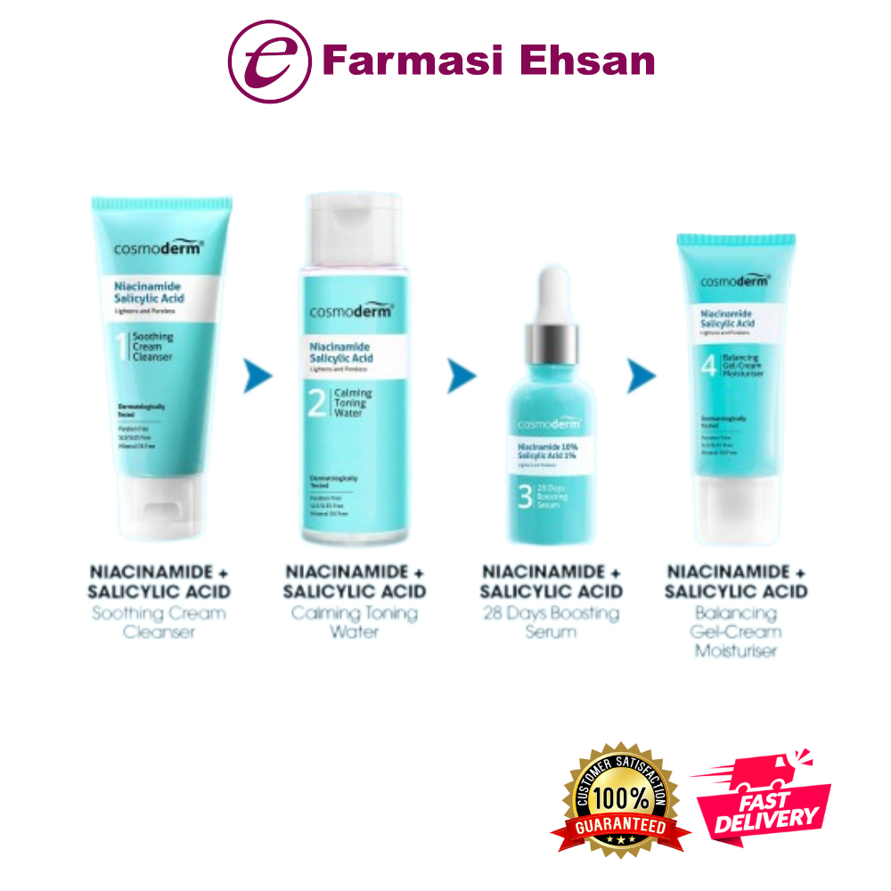 Cosmoderm Niacinamide Salicylic Acid Cleanser /Toning Water/ Boosting ...